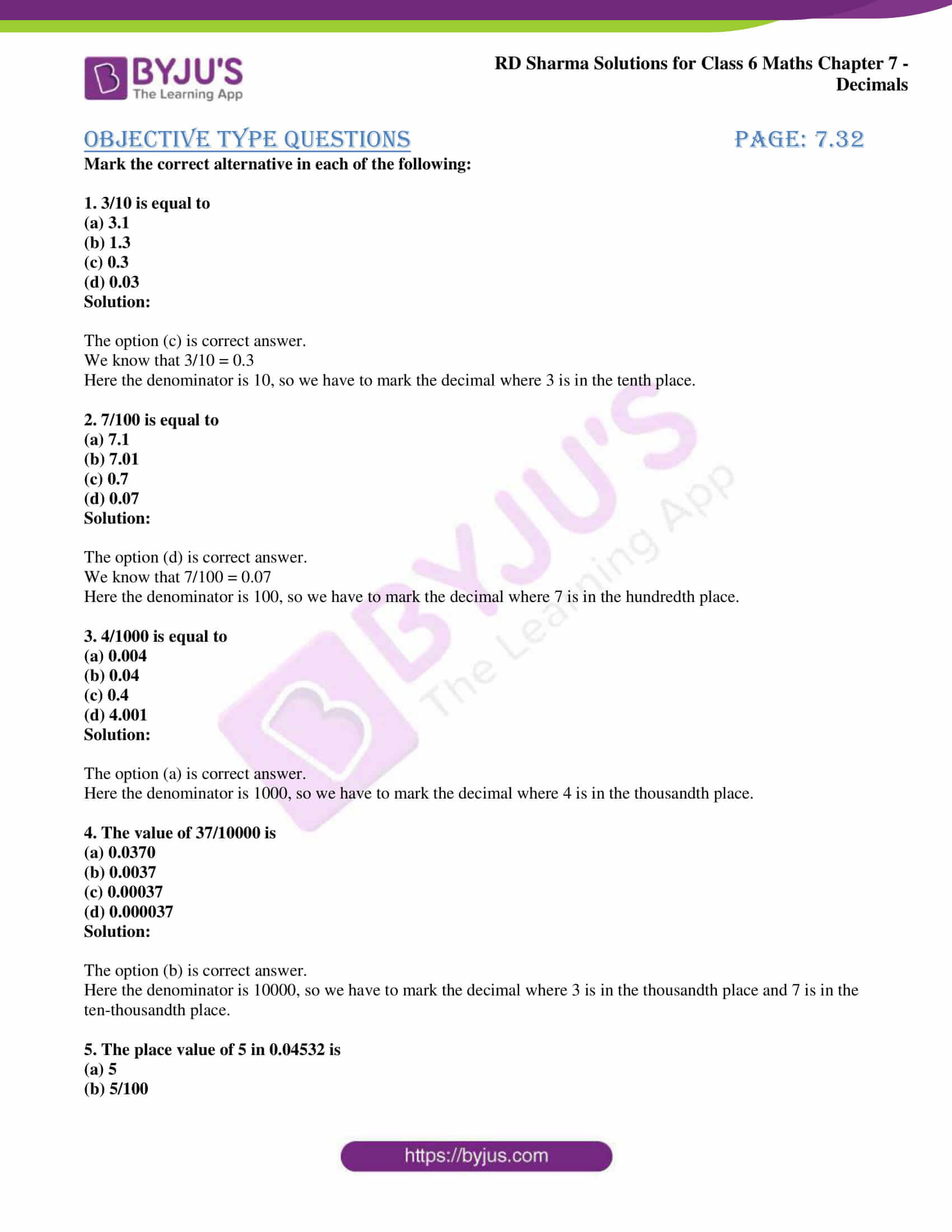 RD Sharma Solutions For Class 6 Chapter 7 Decimals Objective Type