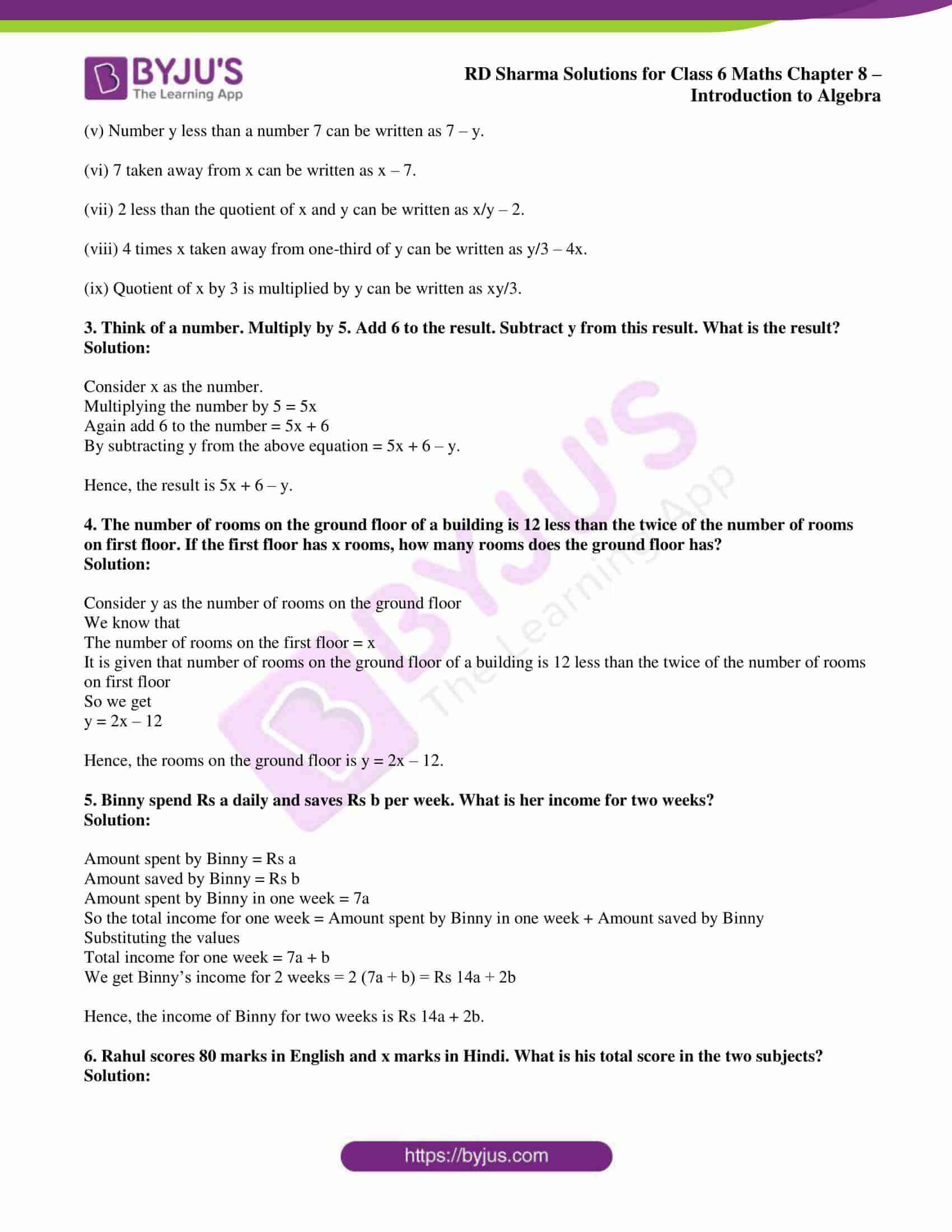 RD Sharma Solutions For Class 6 Chapter 8 Introduction To Algebra RD Sharma Solutions For Class 6 Chapter 8 Introduction To Algebra