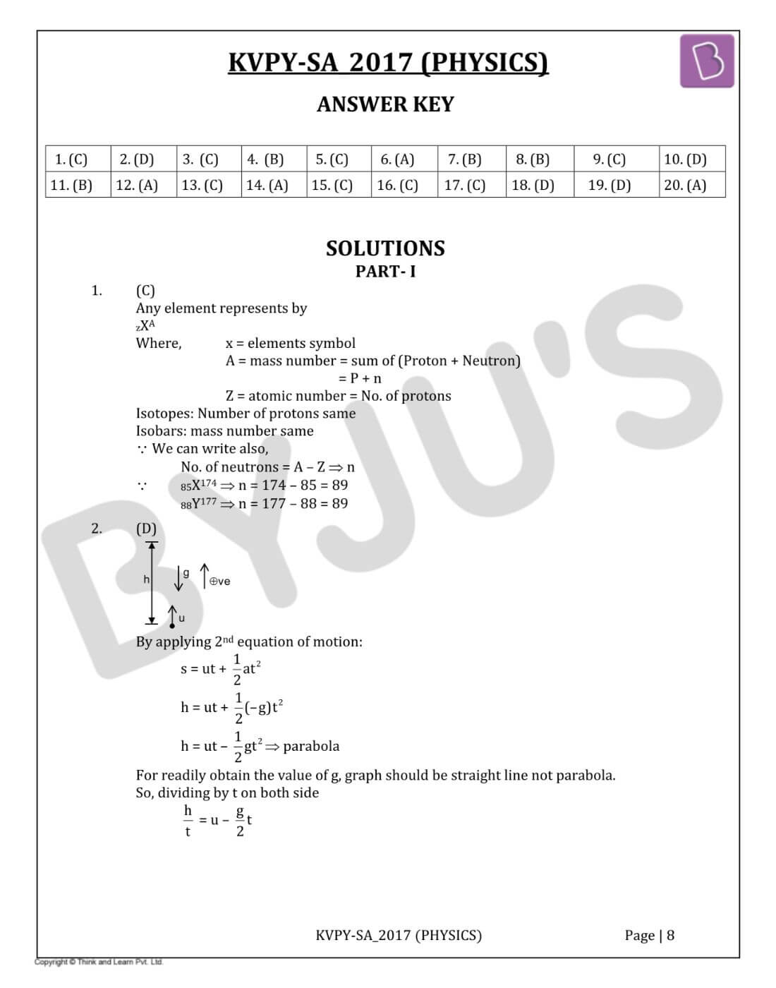 KVPY-SA 2017 Physics Paper with Solutions - Download PDF