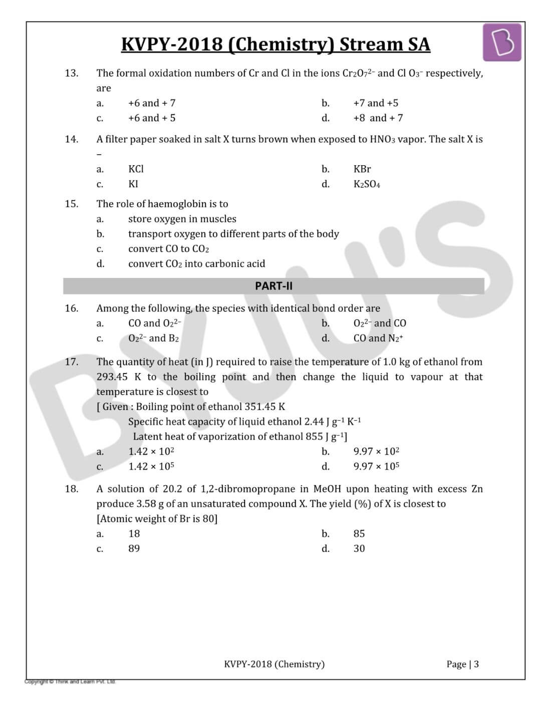 KVPY-SA 2018 Paper With Solutions Chemistry - Download PDF