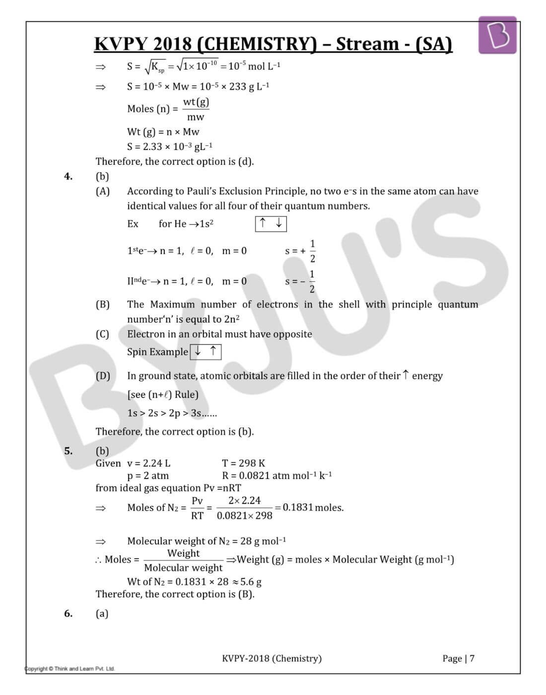 KVPY-SA 2018 Paper With Solutions Chemistry - Download PDF