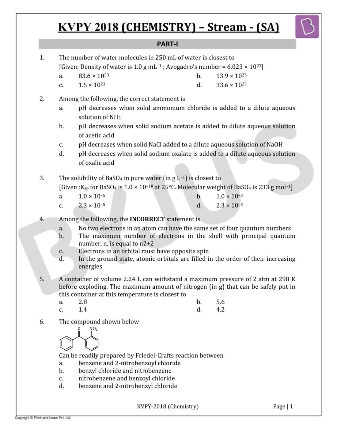 KVPY-SA 2018 Paper With Solutions Chemistry - Download PDF