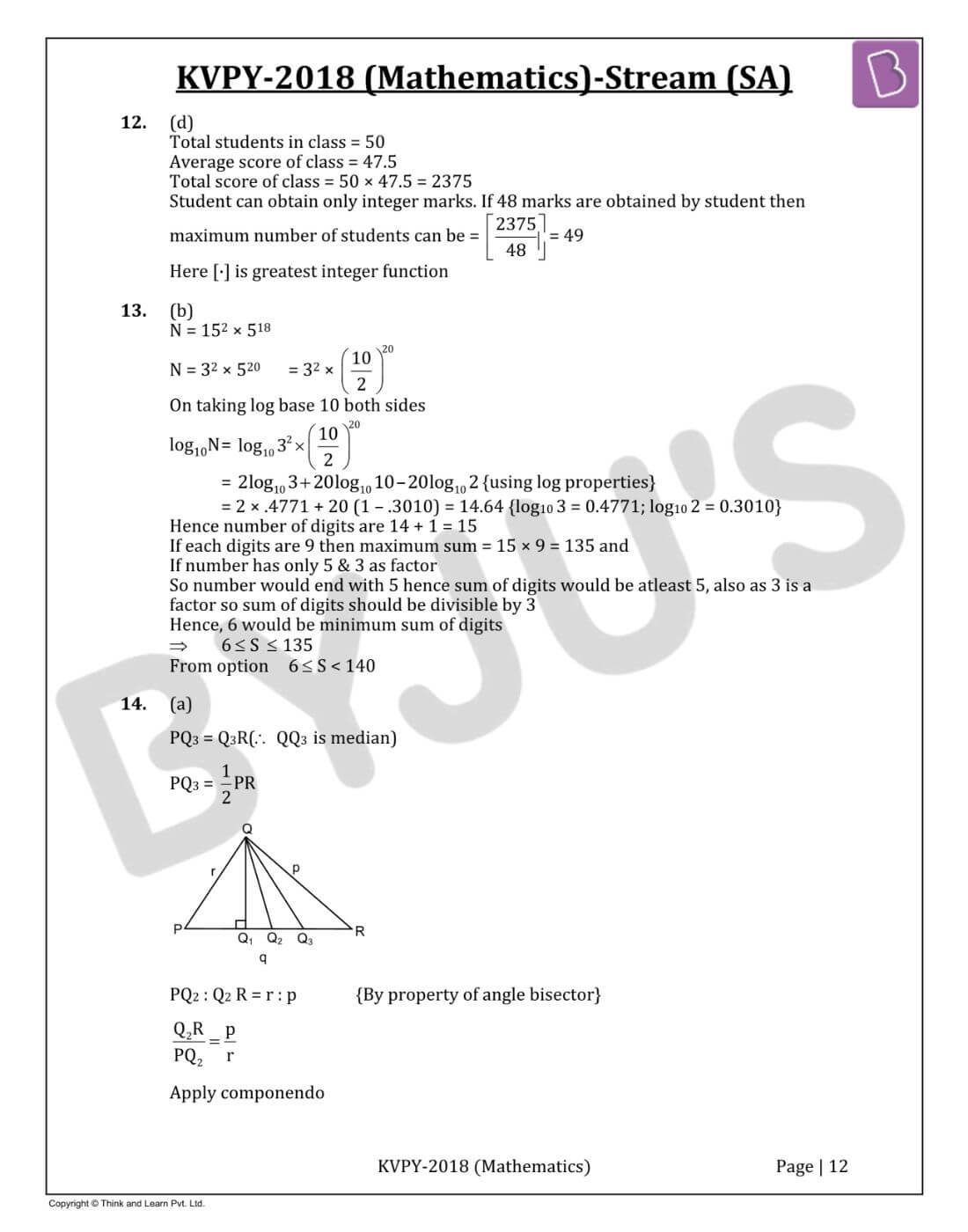 KVPY-SA 2018 Mathematics Solutions Paper - Download PDF