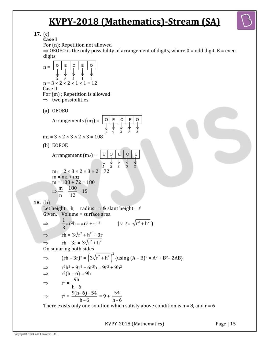 KVPY-SA 2018 Mathematics Solutions Paper - Download PDF