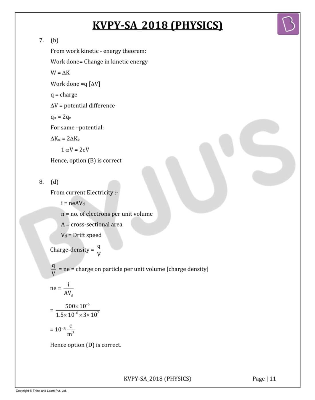 Download Solved KVPY-SA 2018 Physics Paper