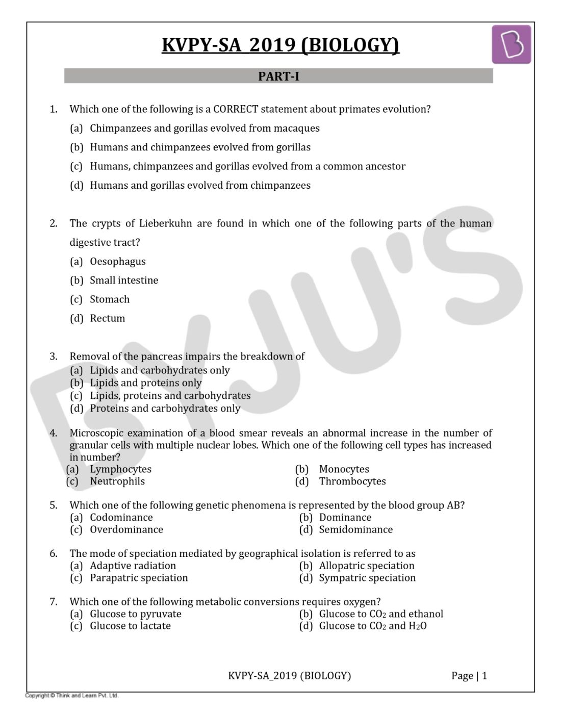KVPY-SA 2019 Biology Question Paper With Solutions - Download PDF