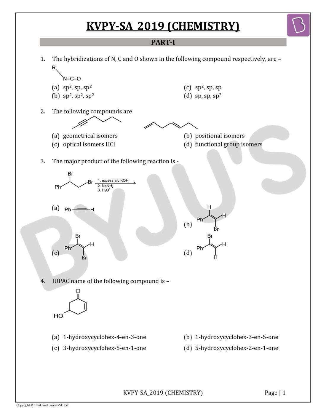 KVPY-SA 2019 Chemistry Question Paper with Solutions - Download PDF