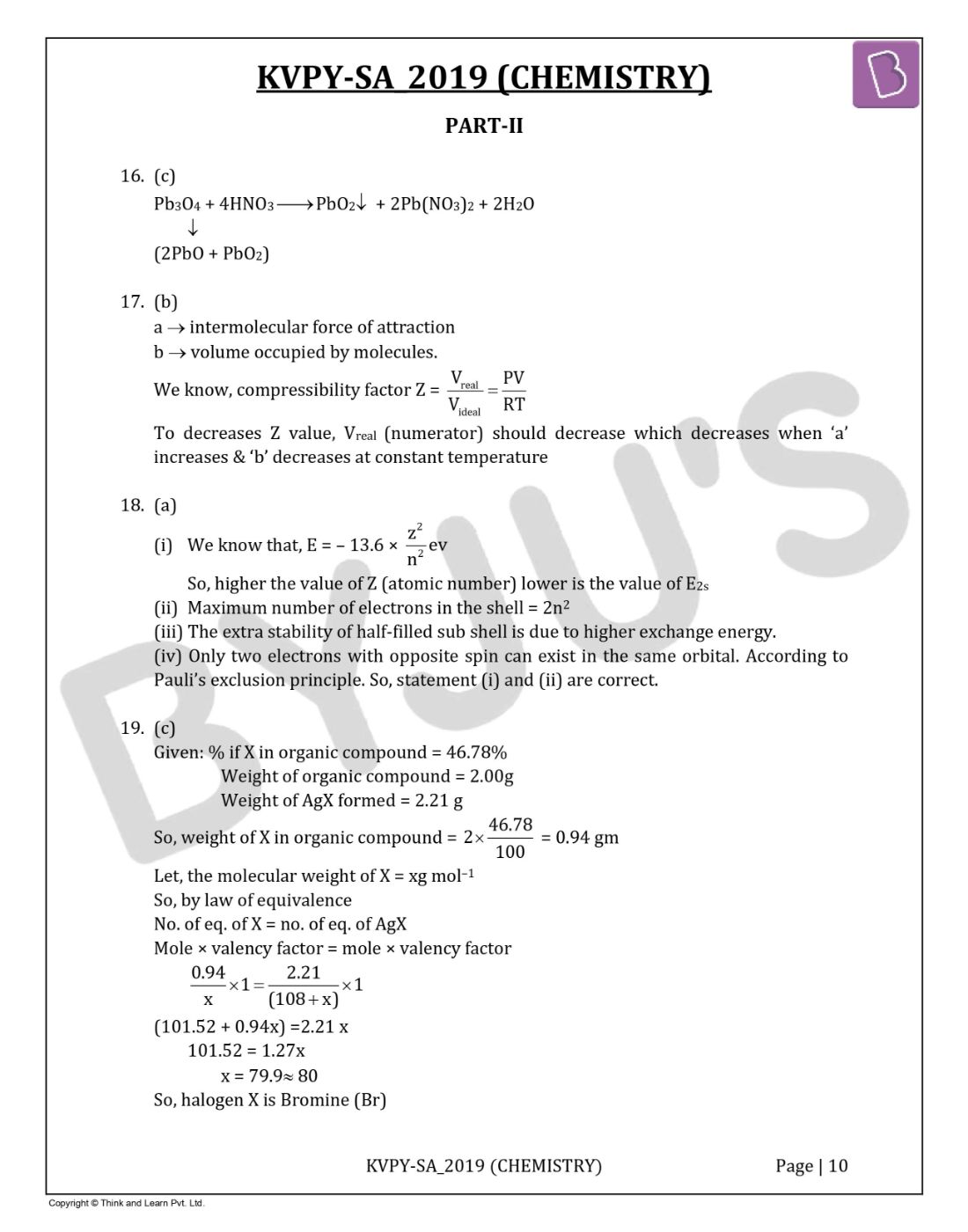 KVPY-SA 2019 Chemistry Question Paper with Solutions - Download PDF