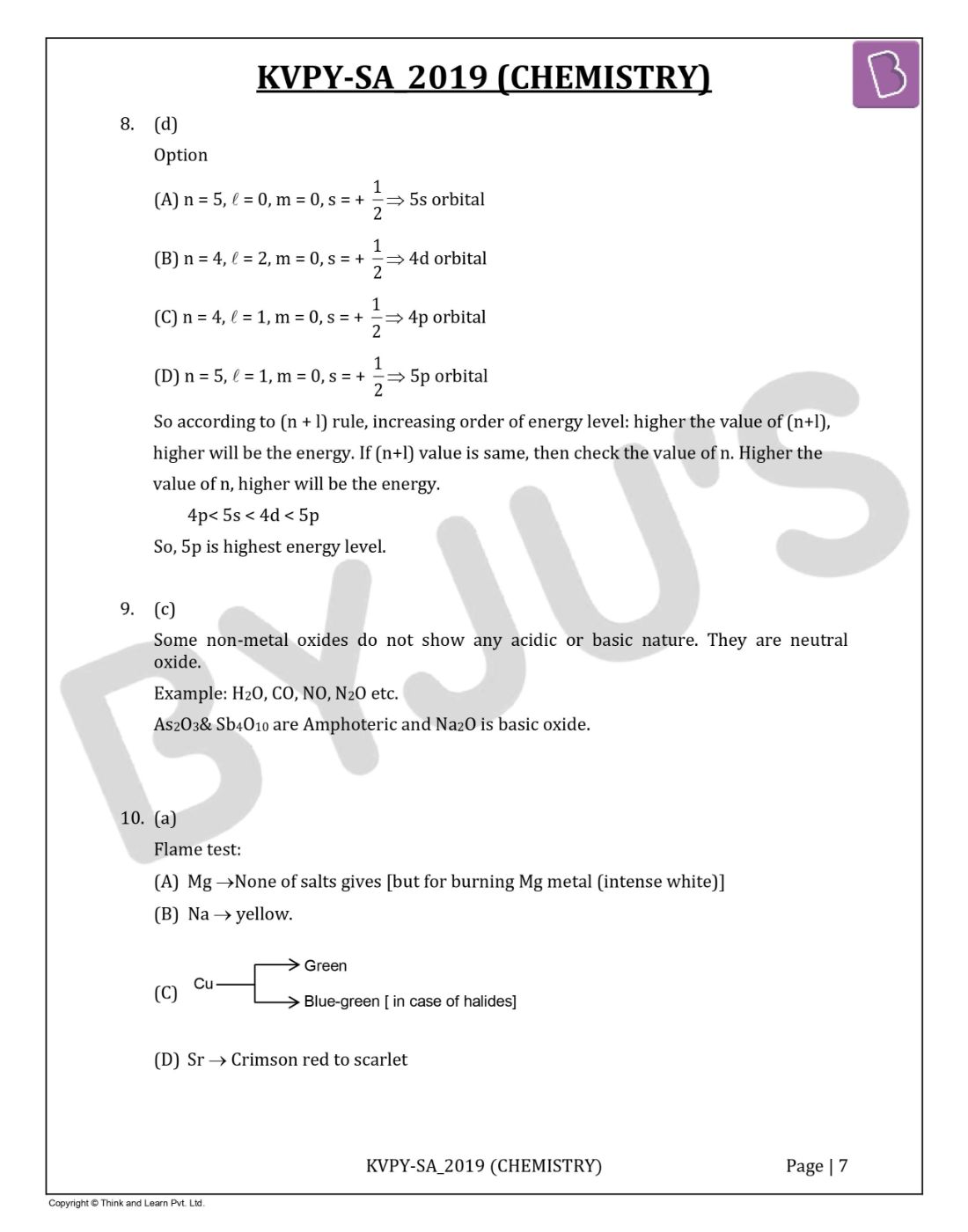 KVPY-SA 2019 Chemistry Question Paper with Solutions - Download PDF