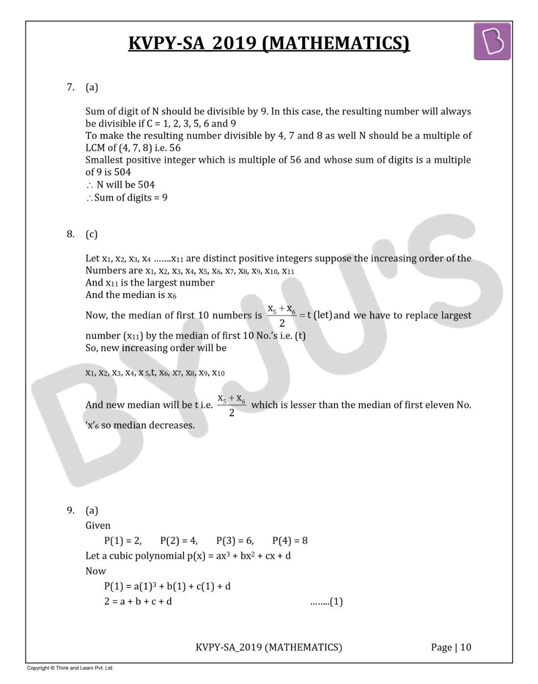 KVPY-SA 2019 Maths Question Paper With Solutions - Download Free PDF