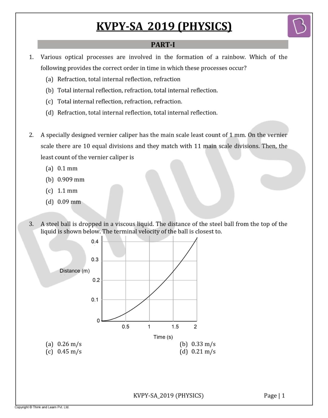 KVPY-SA 2019 Physics Question Paper With Solutions - Download PDF