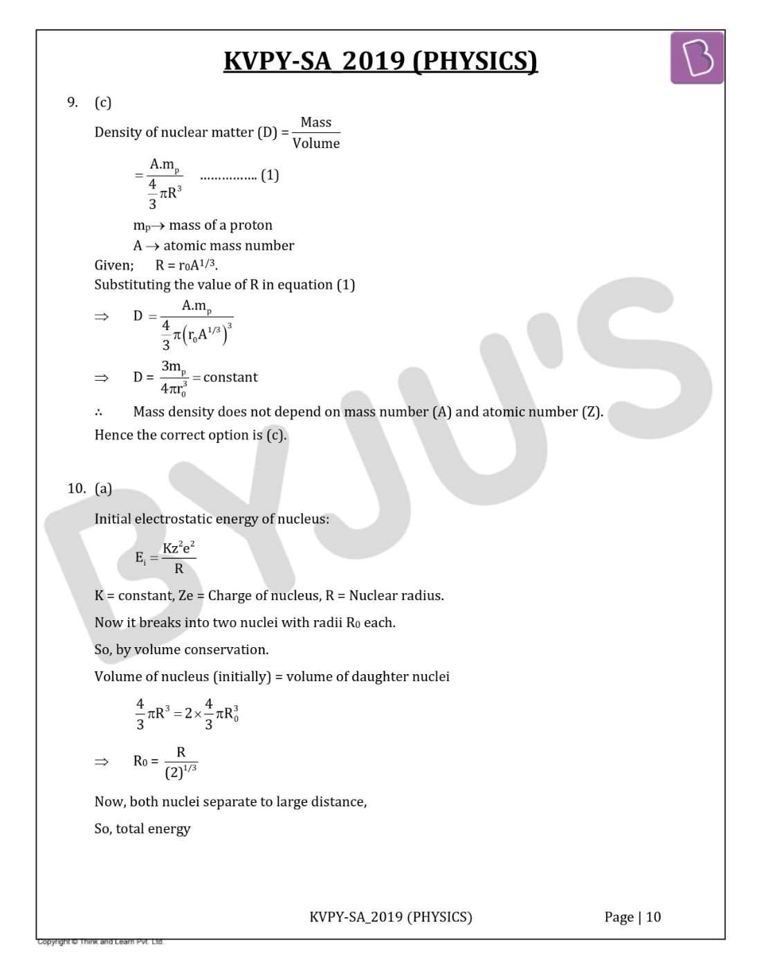 KVPY-SA 2019 Physics Question Paper With Solutions - Download PDF