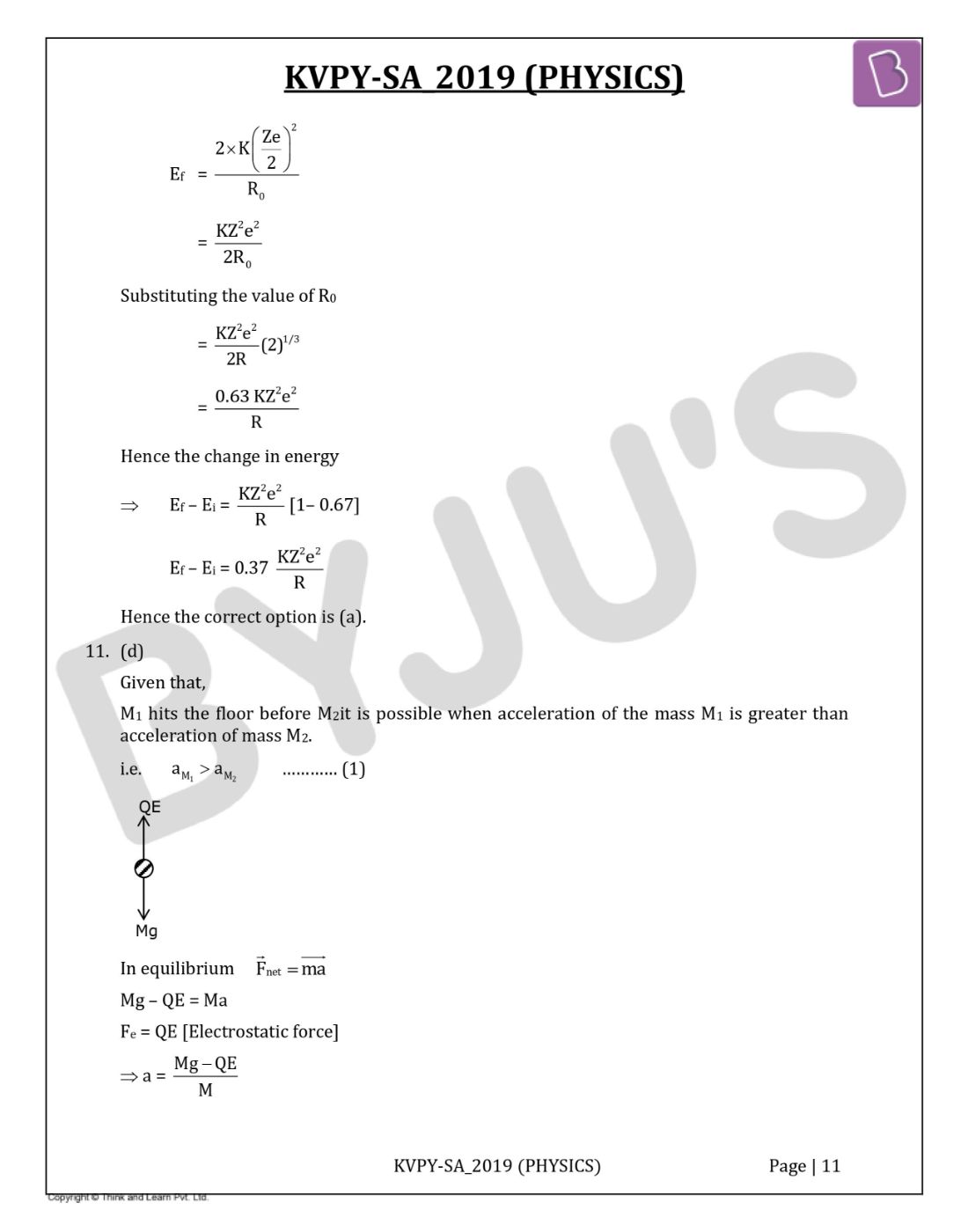KVPY-SA 2019 Physics Question Paper With Solutions - Download PDF