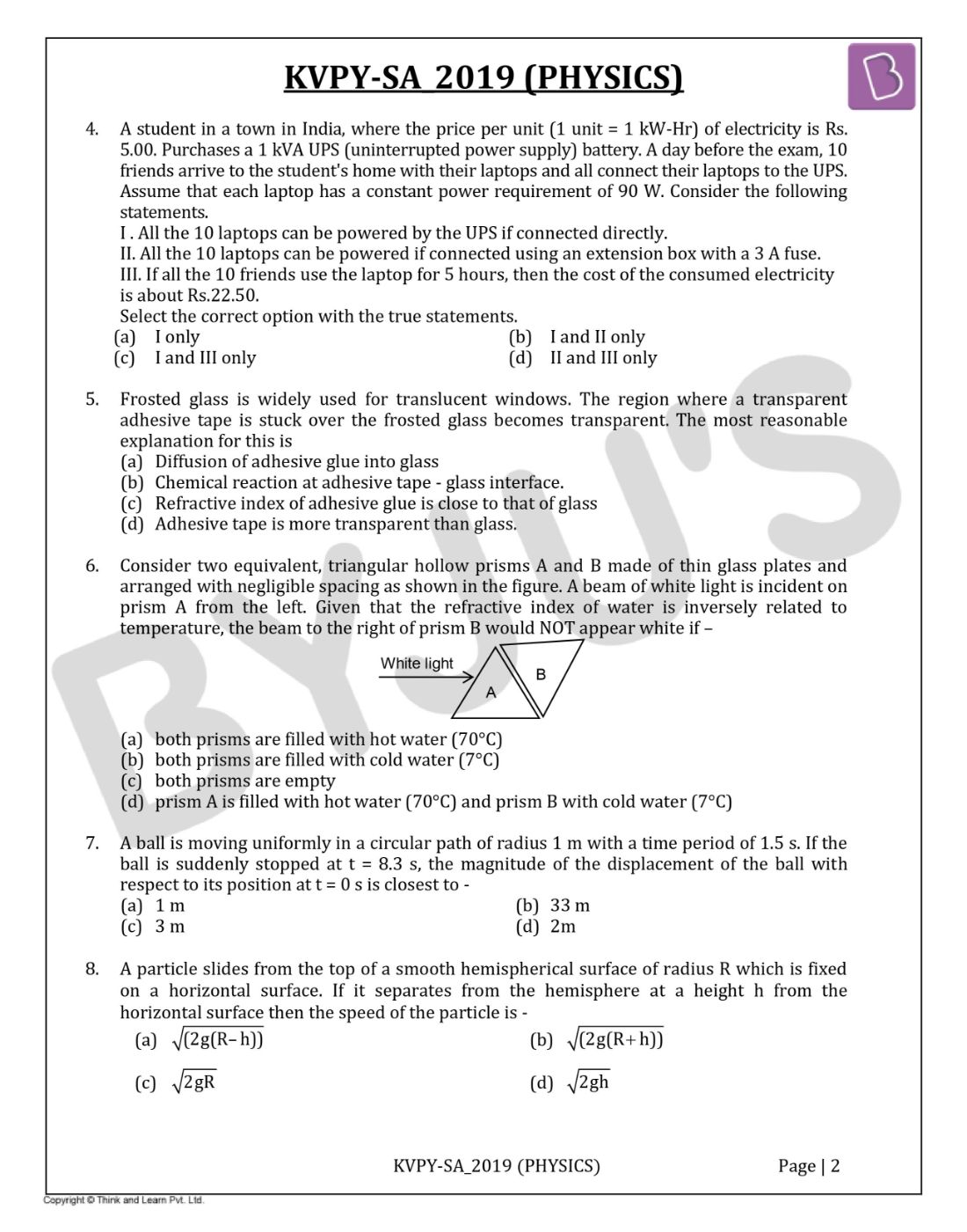 KVPY-SA 2019 Physics Question Paper With Solutions - Download PDF