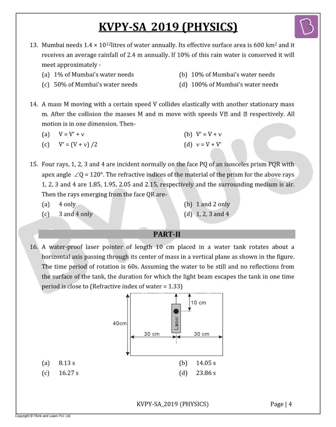 KVPY-SA 2019 Physics Question Paper With Solutions - Download PDF