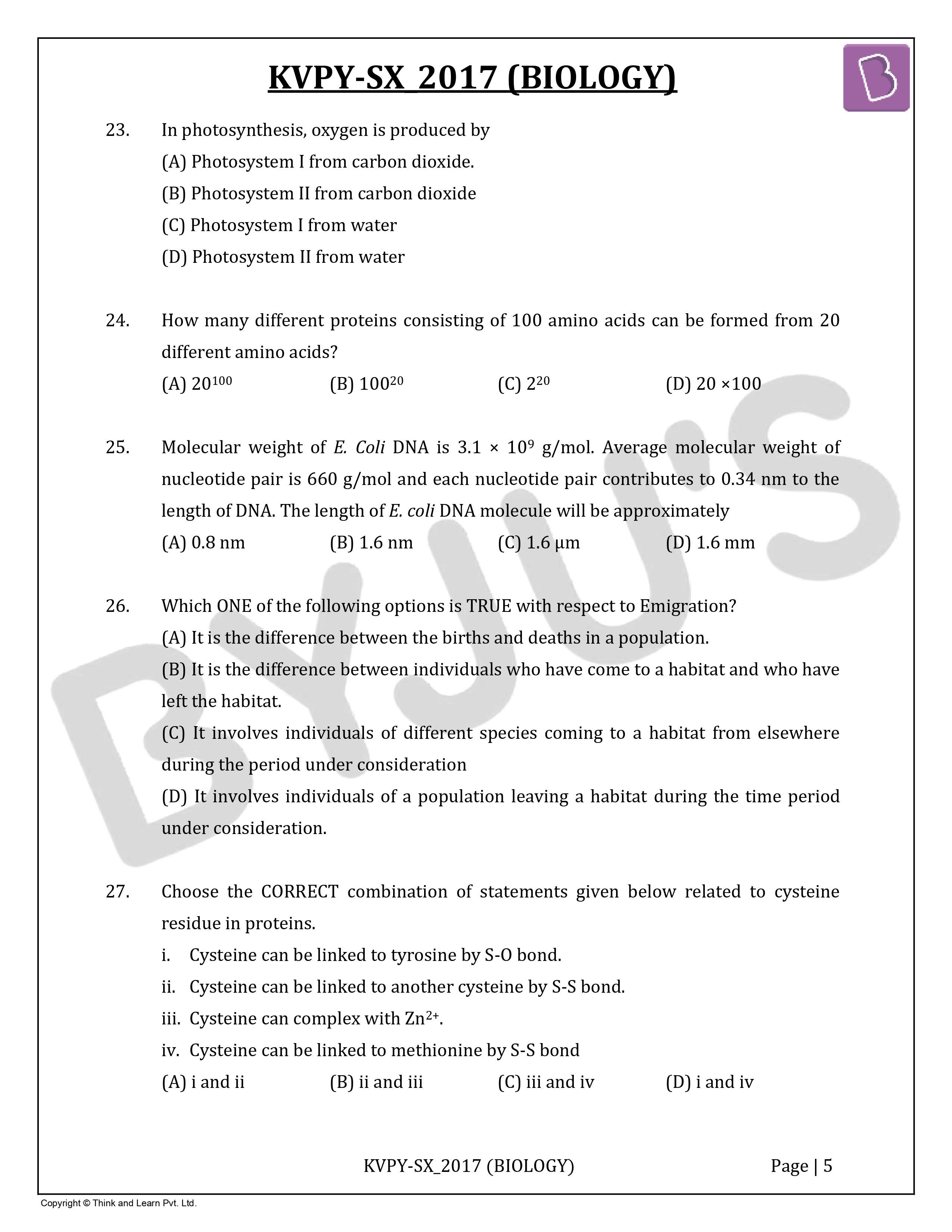 KVPY-SX 2017 Biology Question Paper with Solutions - Download PDF