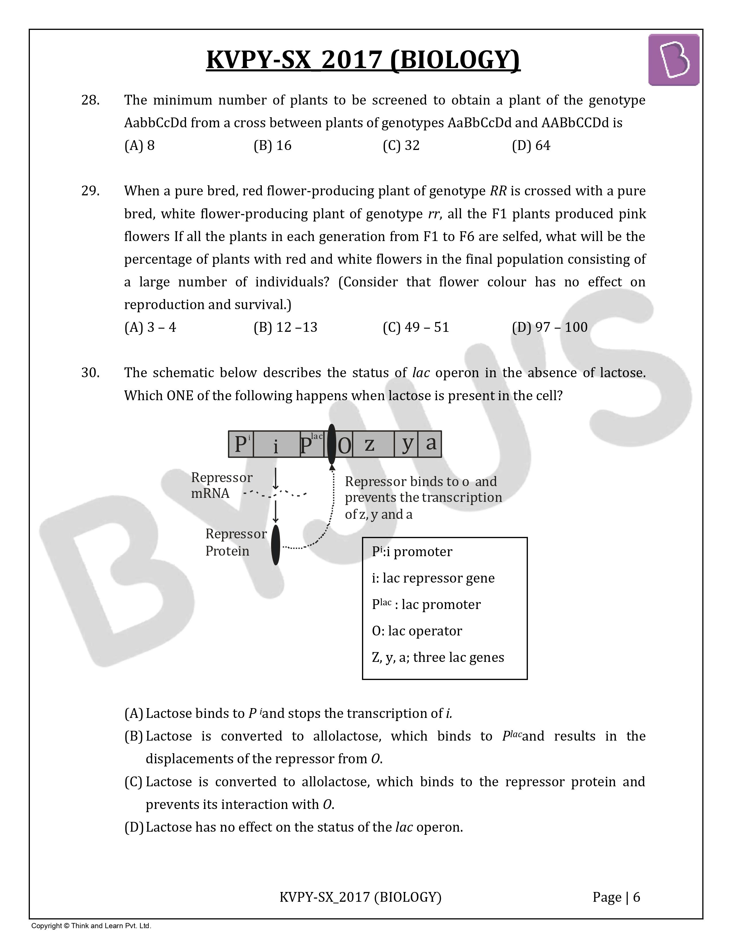 KVPY-SX 2017 Biology Question Paper with Solutions - Download PDF