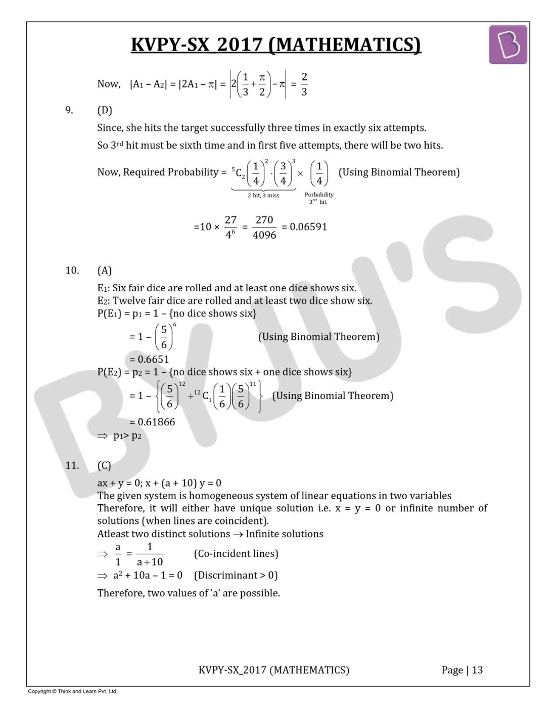 KVPY-SX 2017 Mathematics Question Paper With Solutions - Download PDF