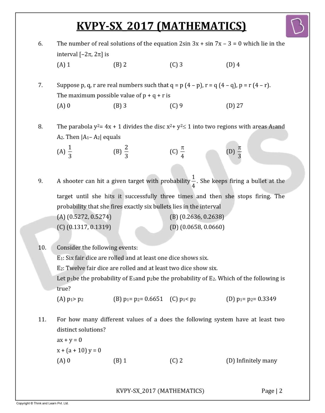 KVPY-SX 2017 Mathematics Question Paper With Solutions - Download PDF