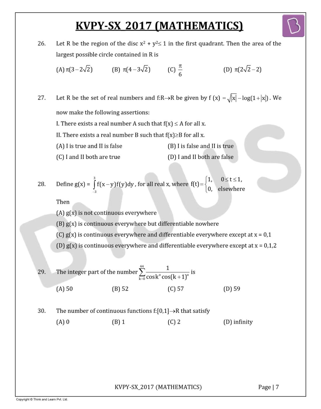 KVPY-SX 2017 Mathematics Question Paper With Solutions - Download PDF