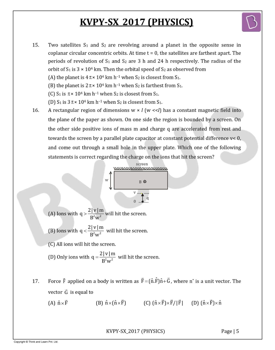 KVPY-SX 2017 Physics Paper with Solutions - Download PDF