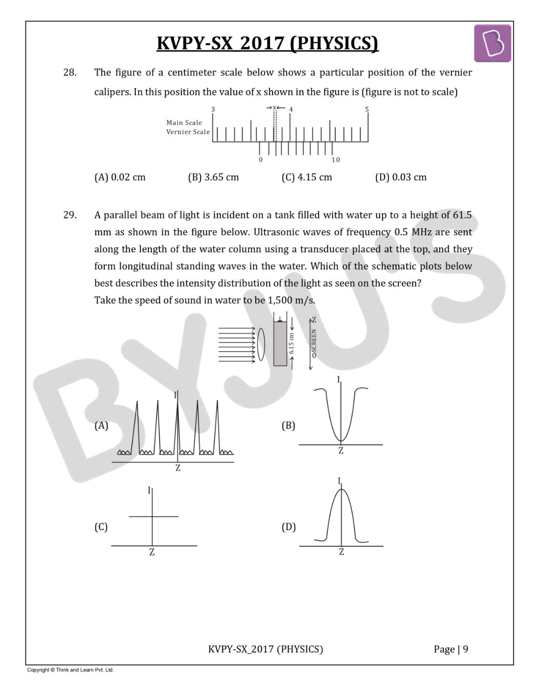 KVPY-SX 2017 Physics Paper with Solutions - Download PDF
