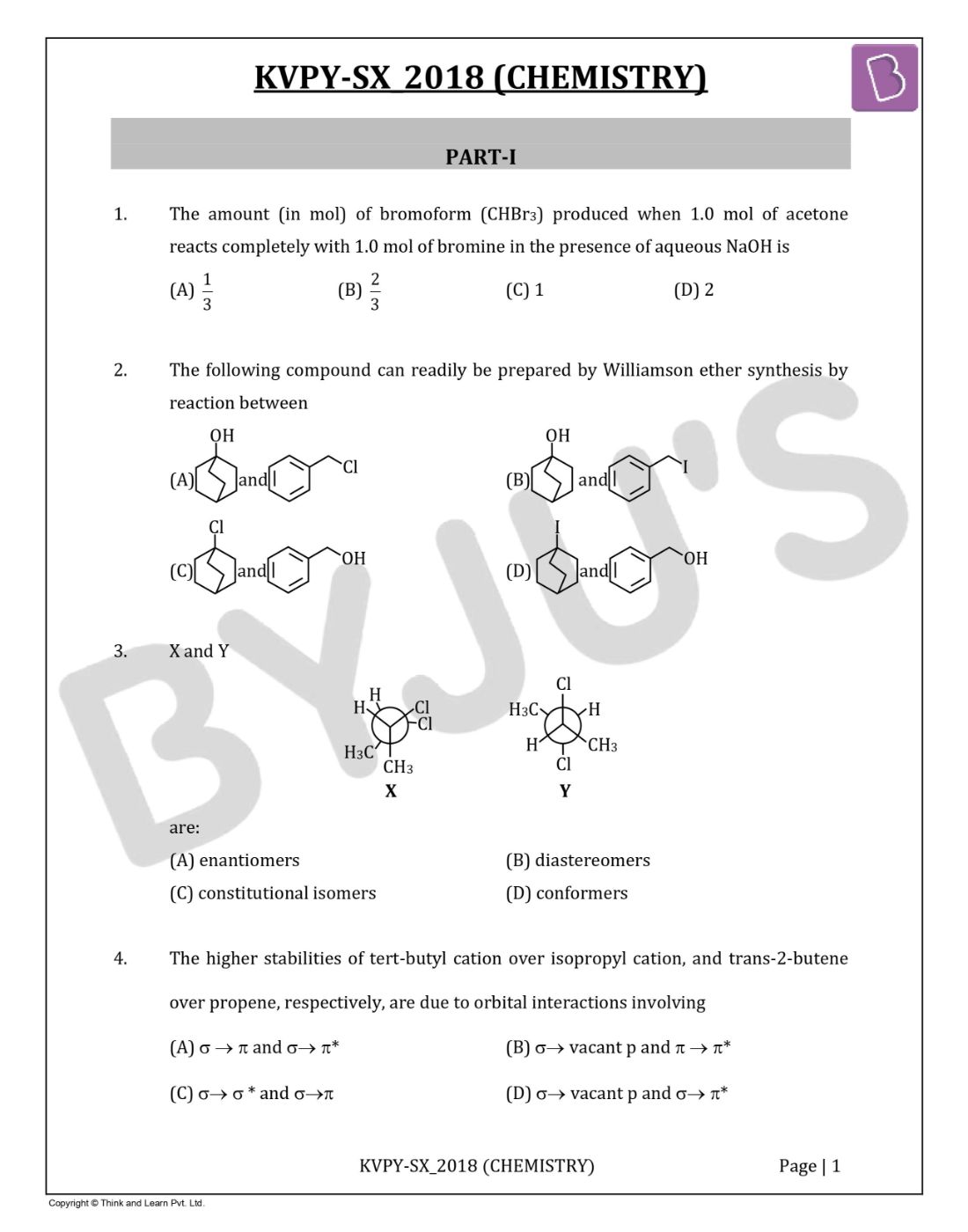 KVPY-SX 2018 Chemistry Question Paper With Solutions - Download PDF