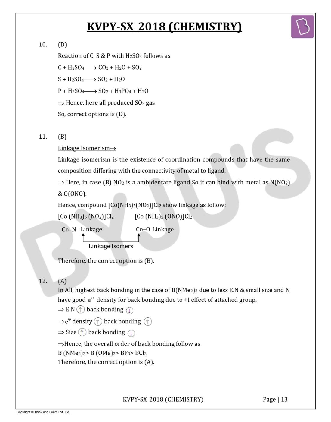 KVPY-SX 2018 Chemistry Question Paper With Solutions - Download PDF