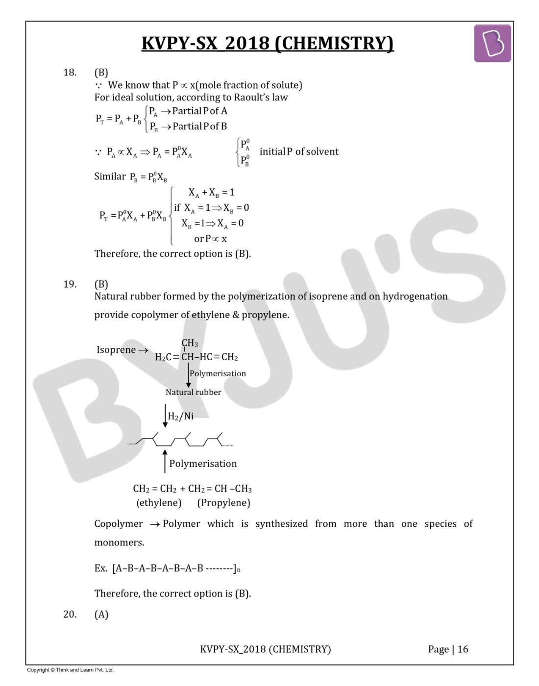 KVPY-SX 2018 Chemistry Question Paper With Solutions - Download PDF