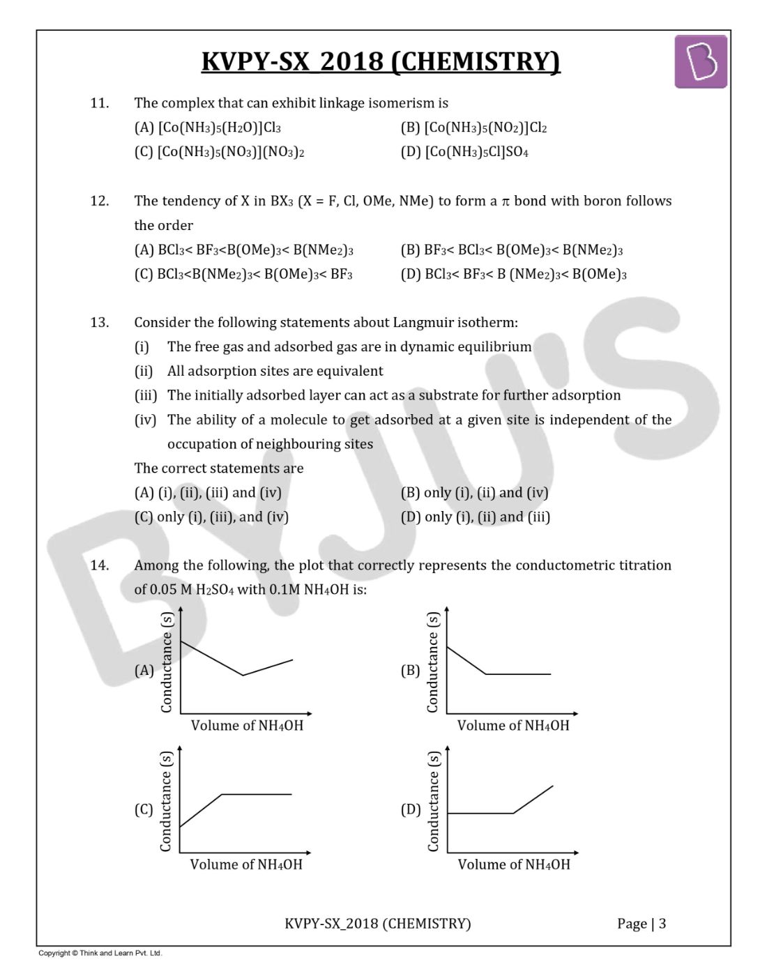 KVPY-SX 2018 Chemistry Question Paper With Solutions - Download PDF