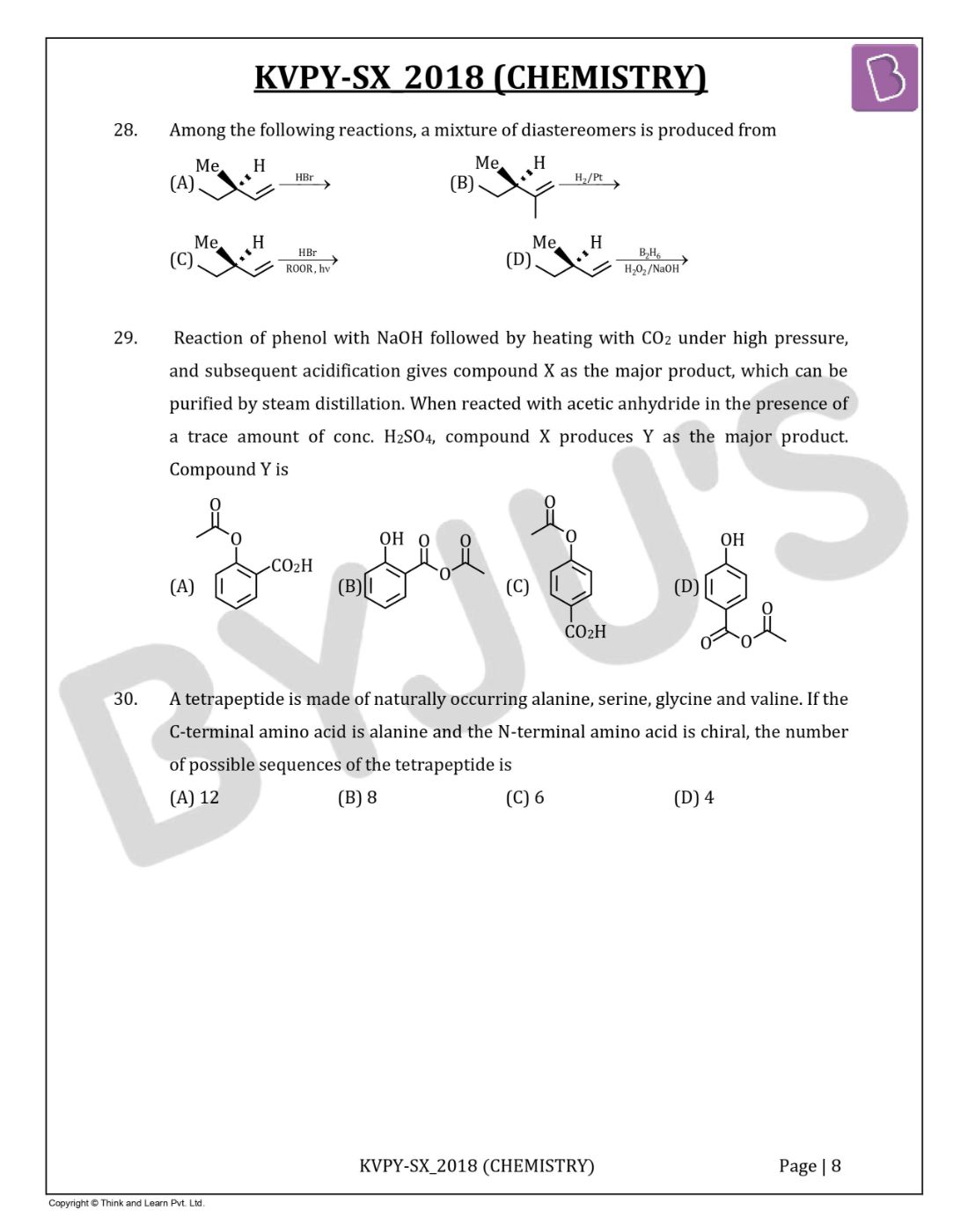 KVPY-SX 2018 Chemistry Question Paper With Solutions - Download PDF