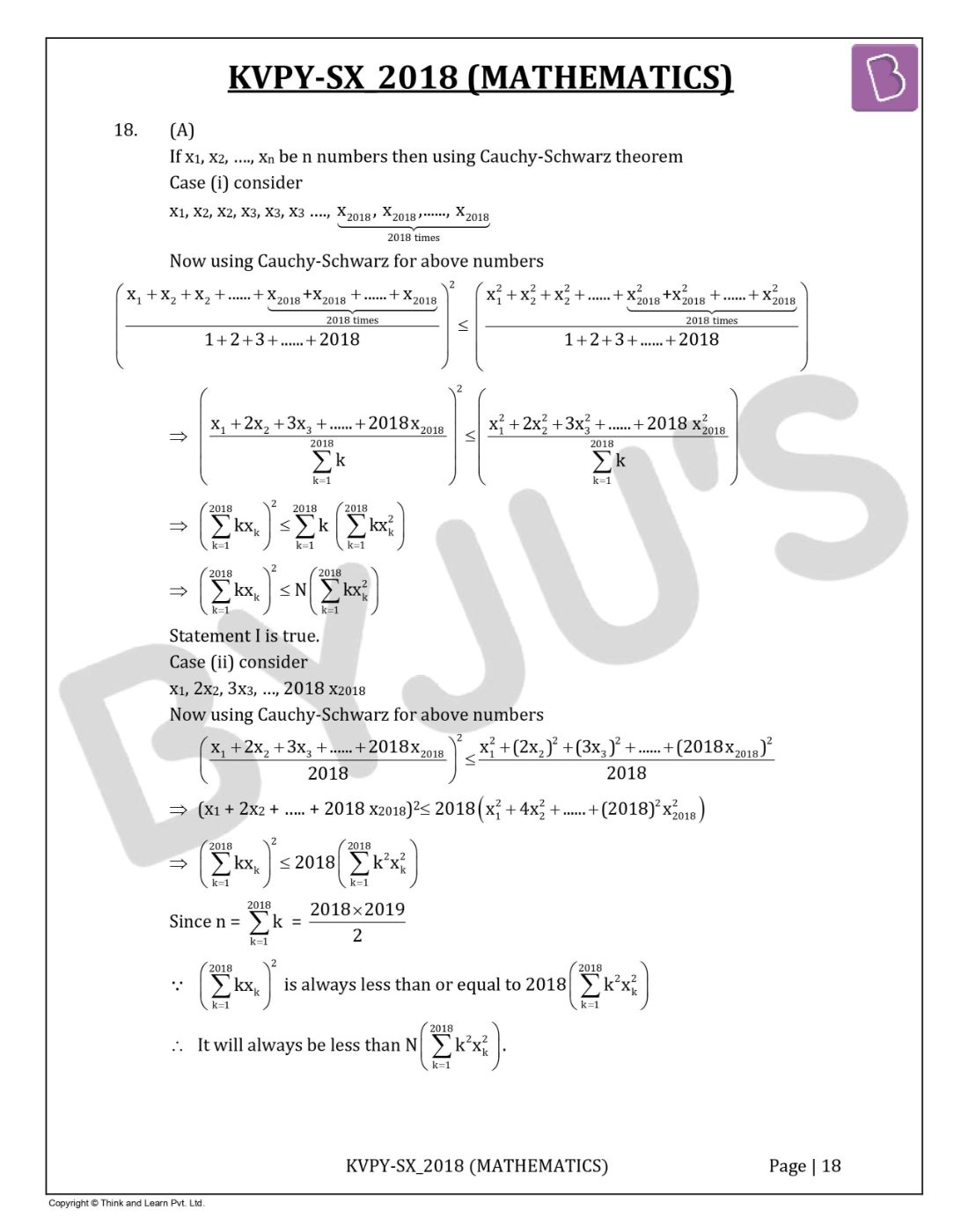 KVPY-SX 2018 Paper With Solutions Maths - Download PDF for free