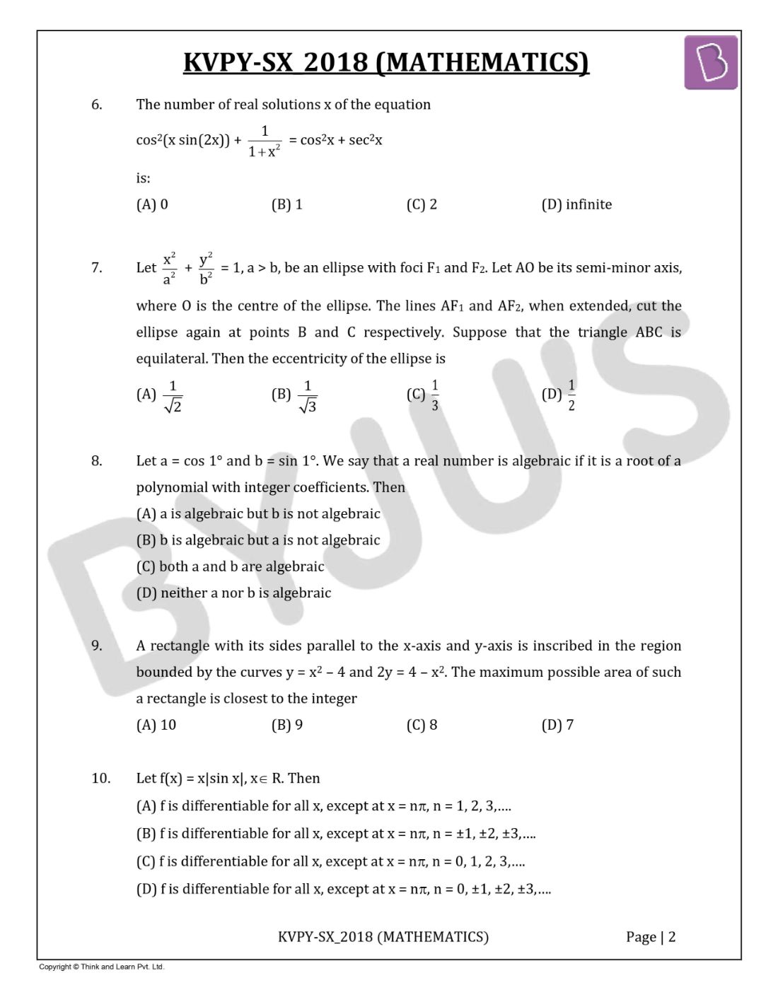 KVPY-SX 2018 Paper With Solutions Maths - Download PDF for free