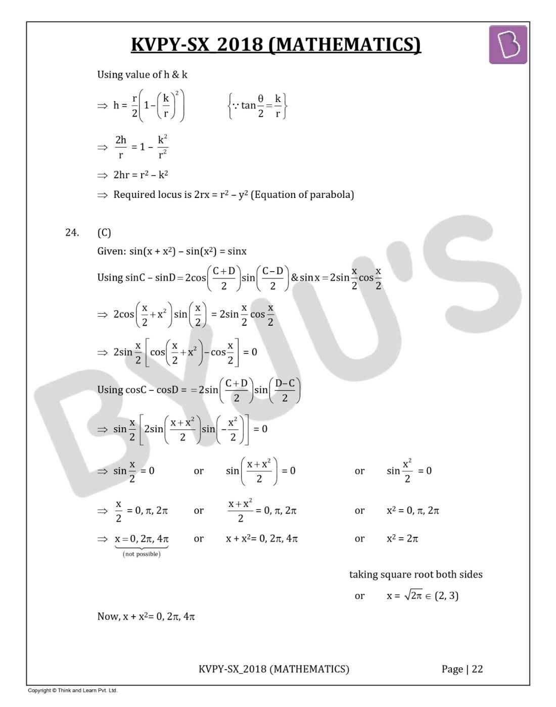 KVPY-SX 2018 Paper With Solutions Maths - Download PDF for free