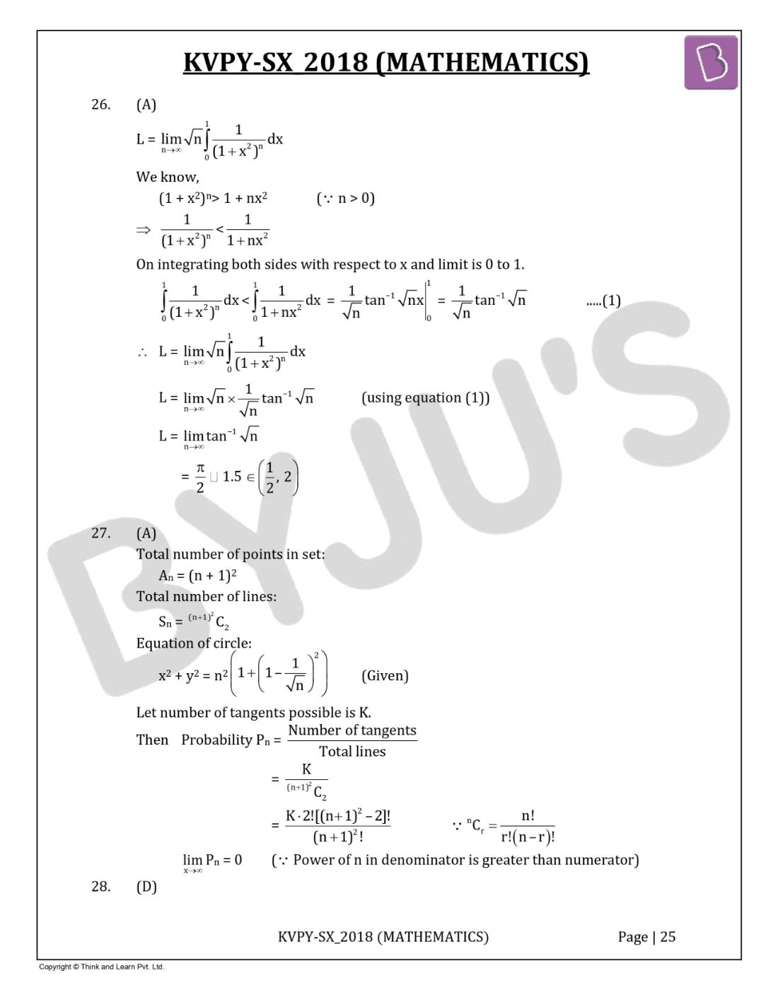 KVPY-SX 2018 Paper With Solutions Maths - Download PDF for free