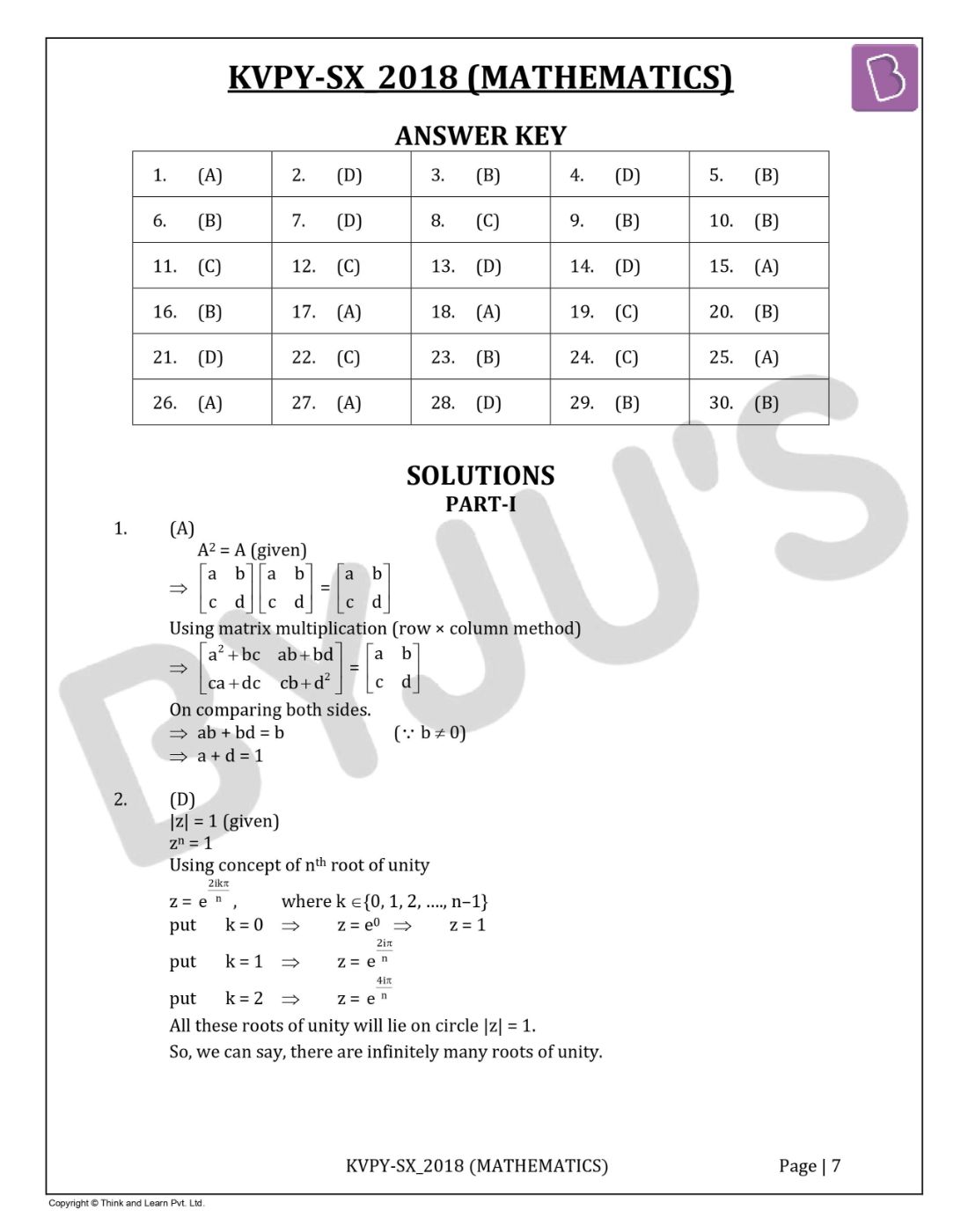 KVPY-SX 2018 Paper With Solutions Maths - Download PDF for free