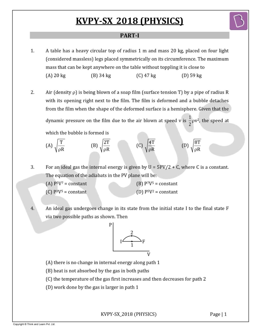 KVPY-SX 2018 Physics Solved Paper - Download PDF