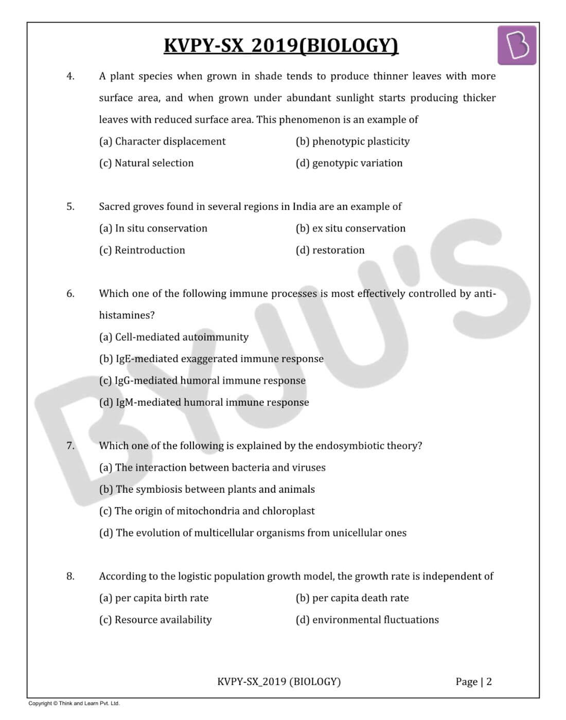 Download KVPY-SX 2019 Biology Paper with Solutions