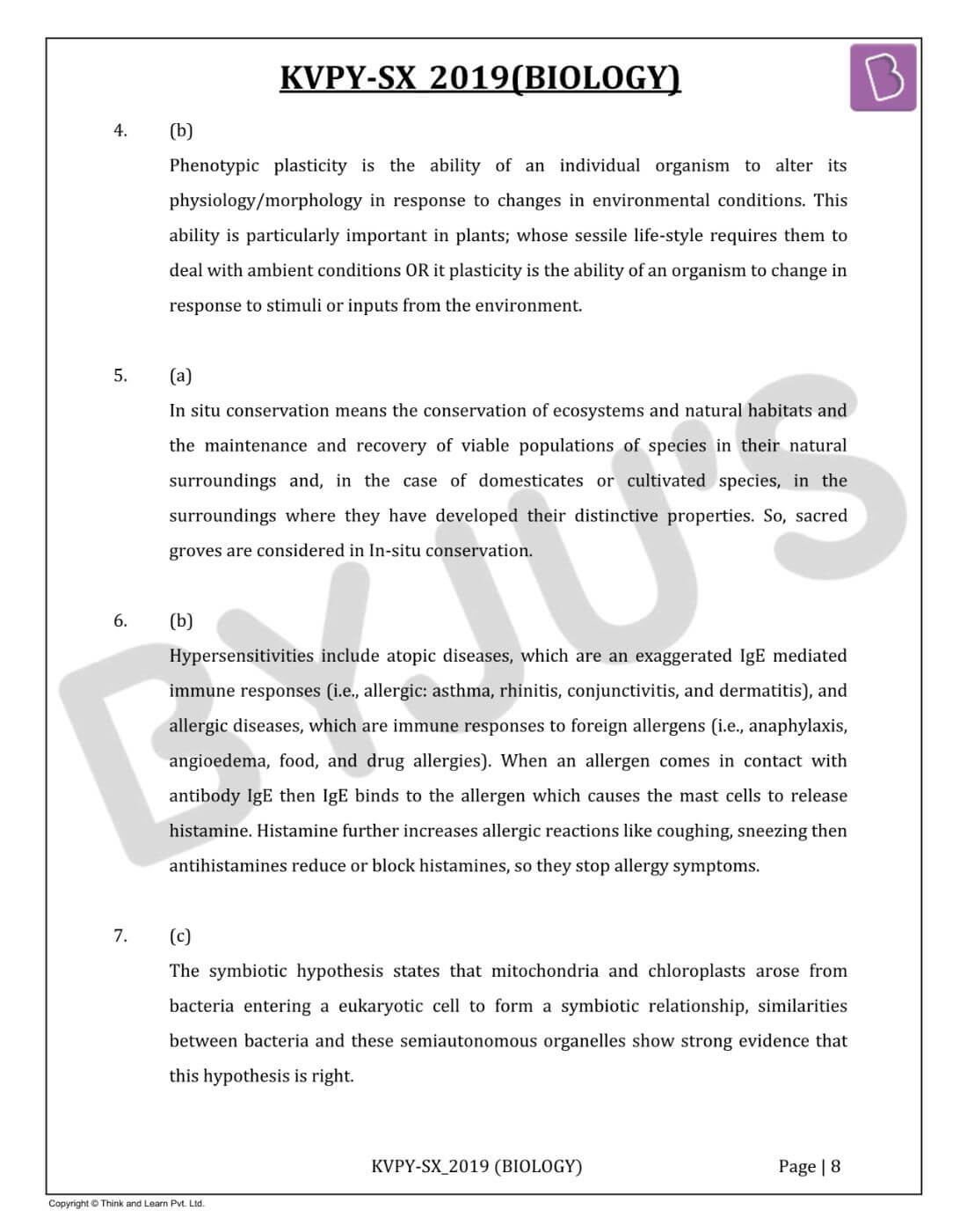 Download KVPY-SX 2019 Biology Paper with Solutions