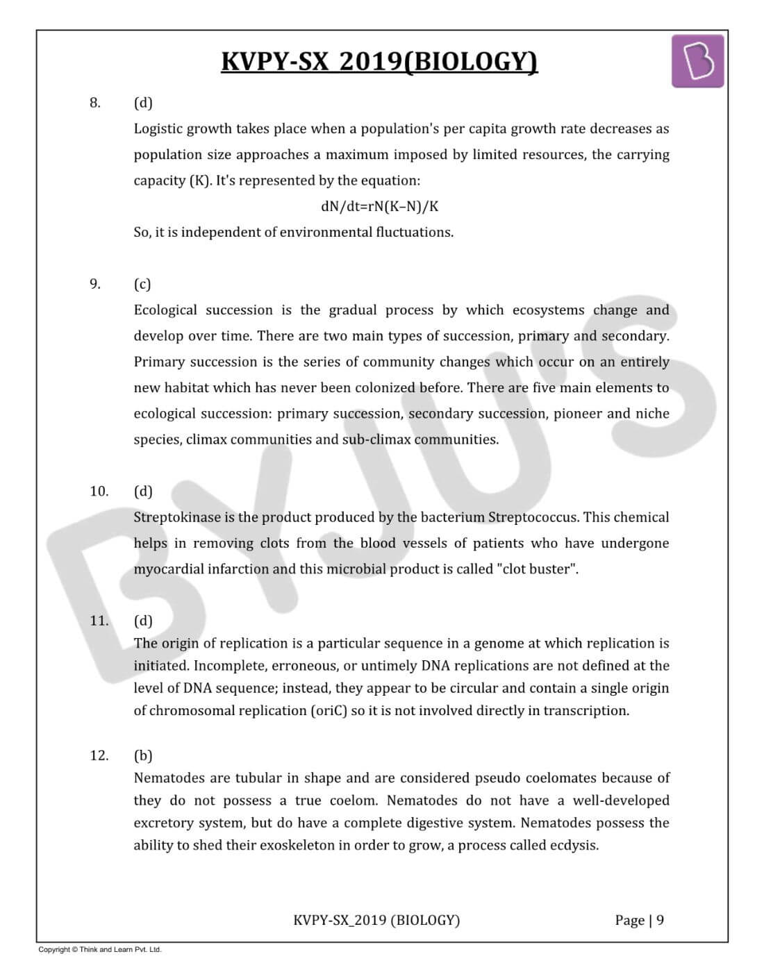 Download KVPY-SX 2019 Biology Paper with Solutions