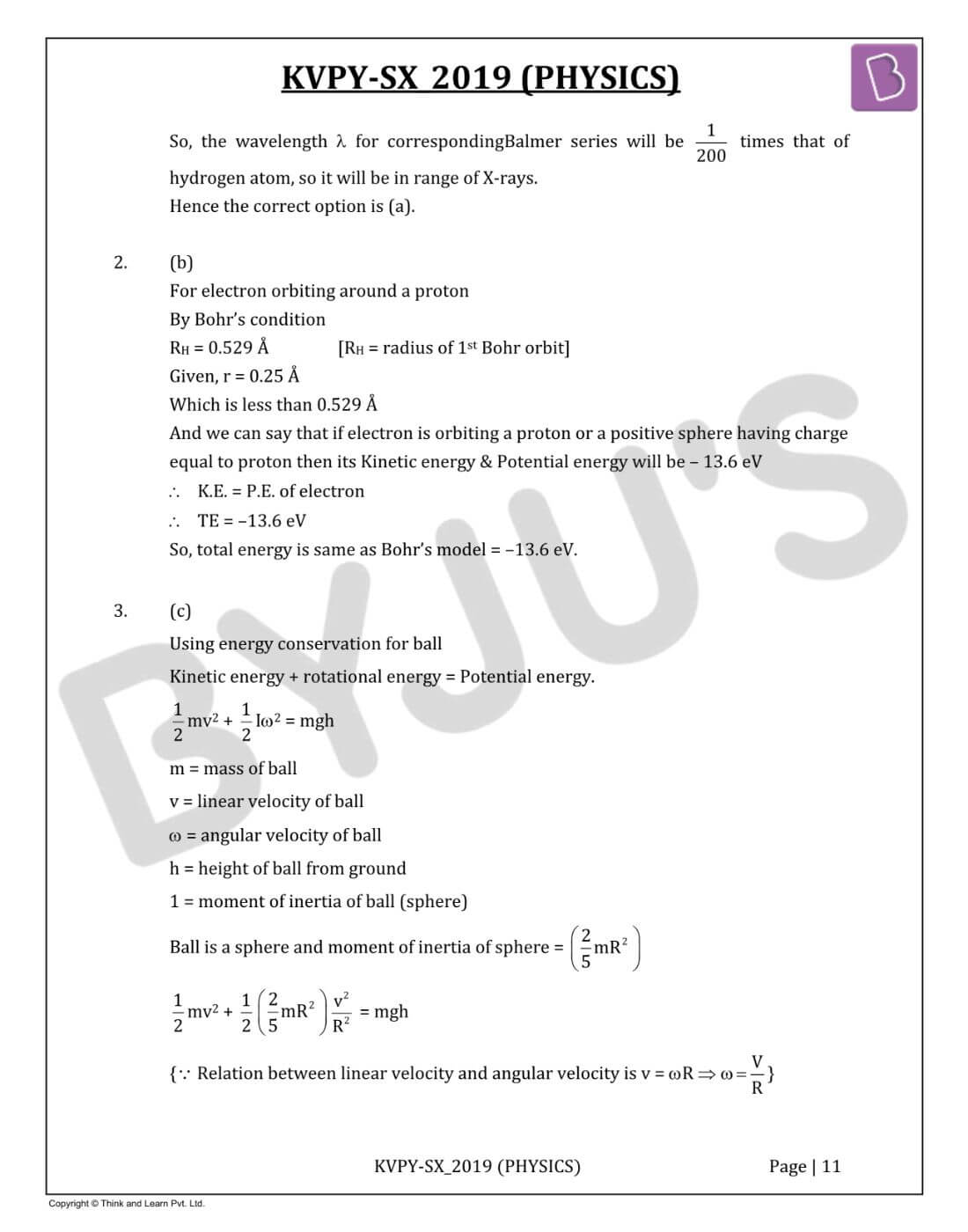 KVPY-SX 2019 Physics Paper with Solutions