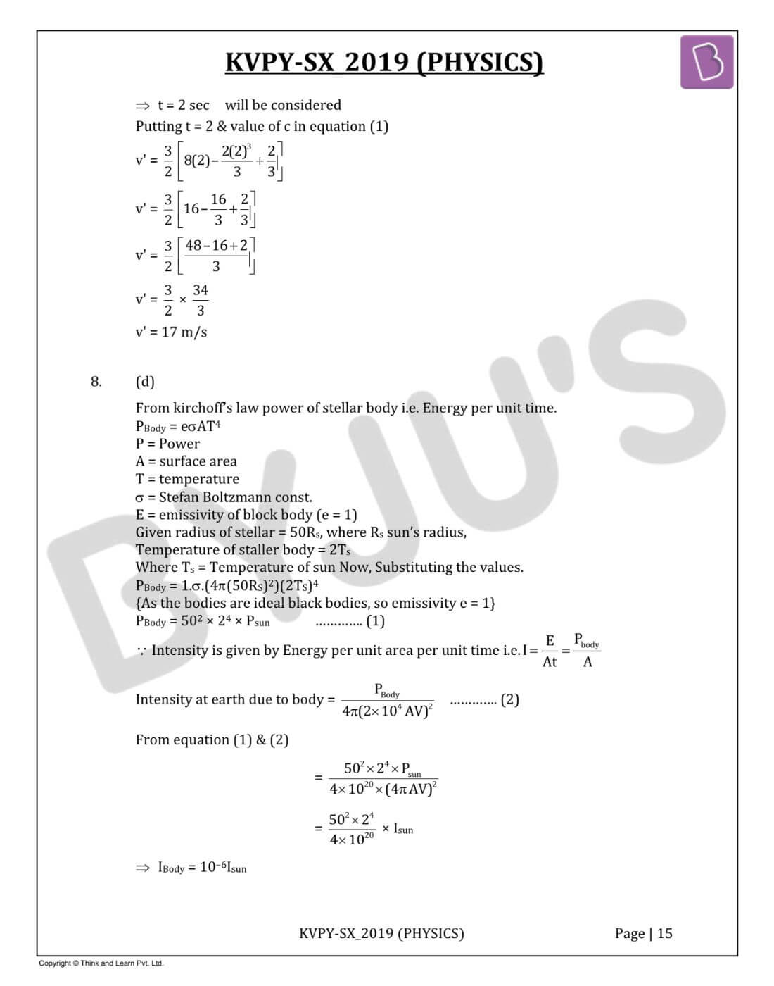 KVPY-SX 2019 Physics Paper with Solutions