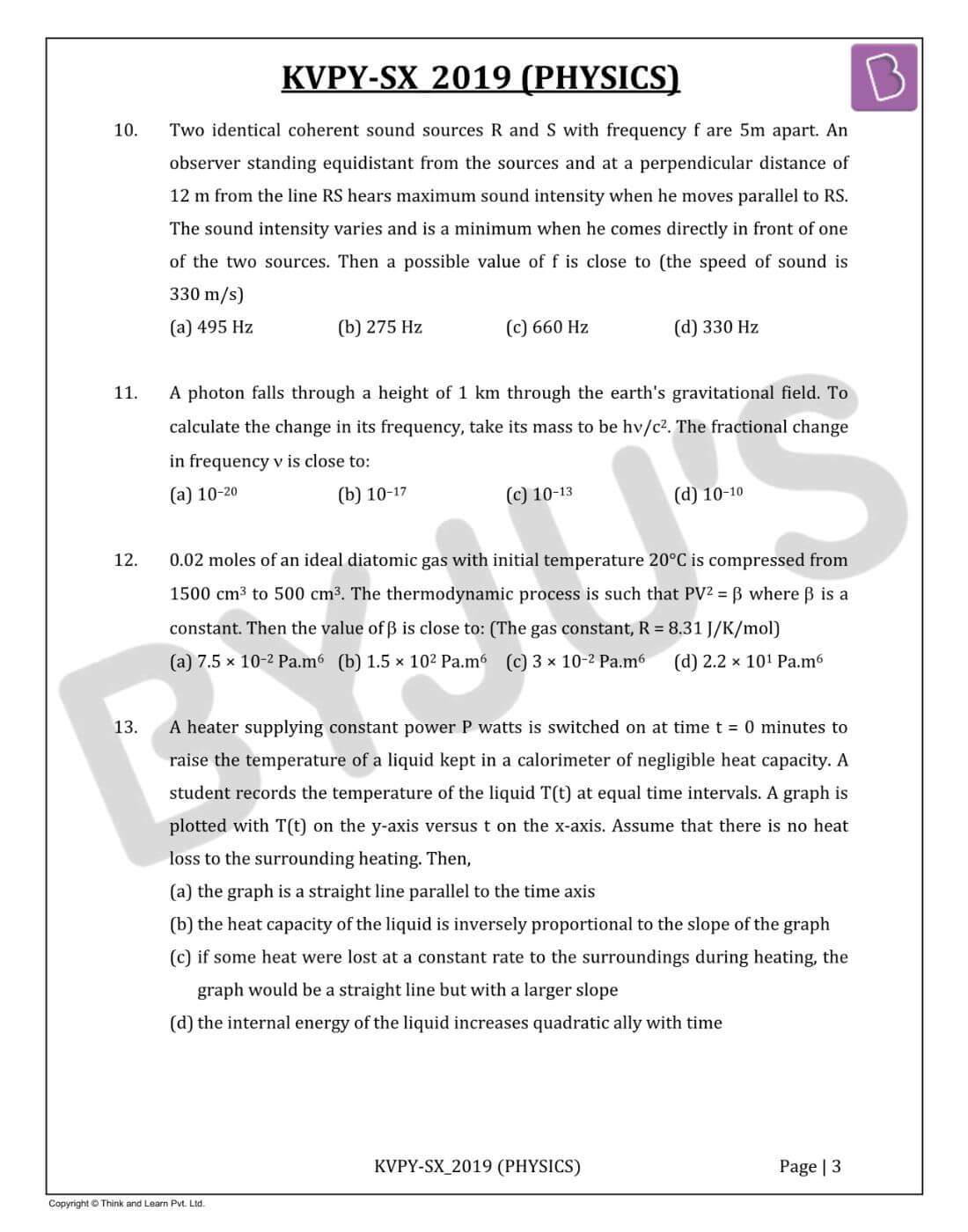 KVPY-SX 2019 Physics Paper with Solutions