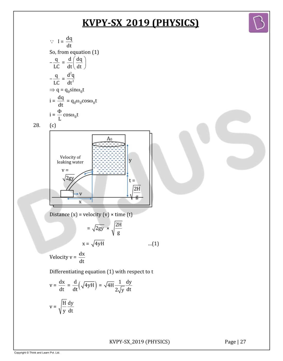 KVPY-SX 2019 Physics Paper with Solutions