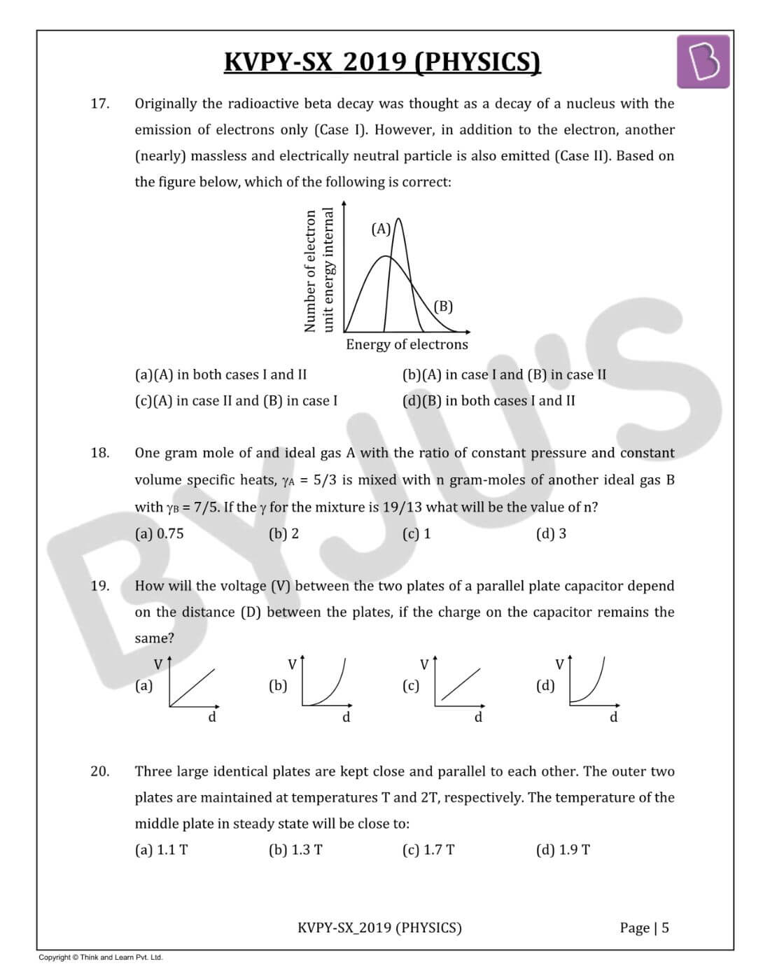 KVPY-SX 2019 Physics Paper with Solutions