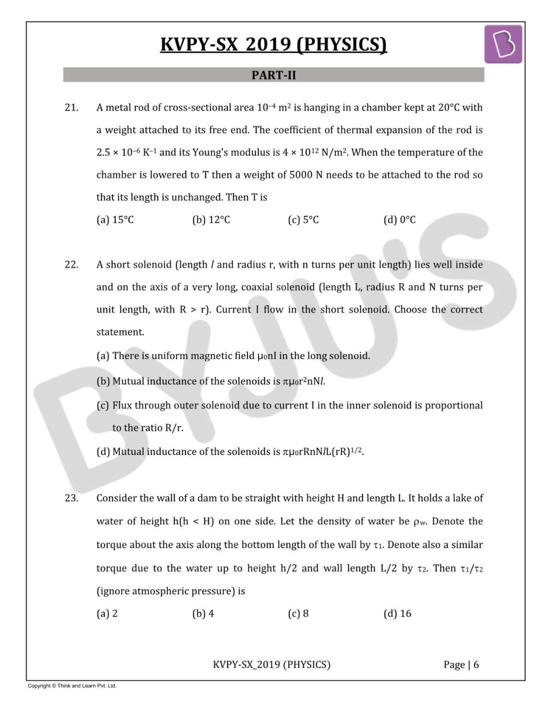 KVPY-SX 2019 Physics Paper with Solutions