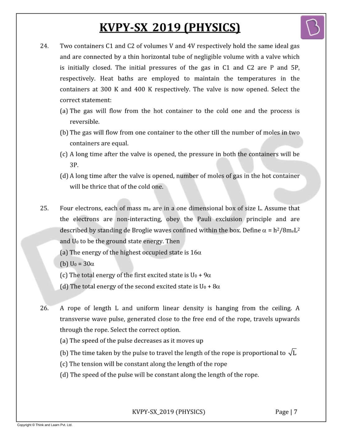 KVPY-SX 2019 Physics Paper with Solutions