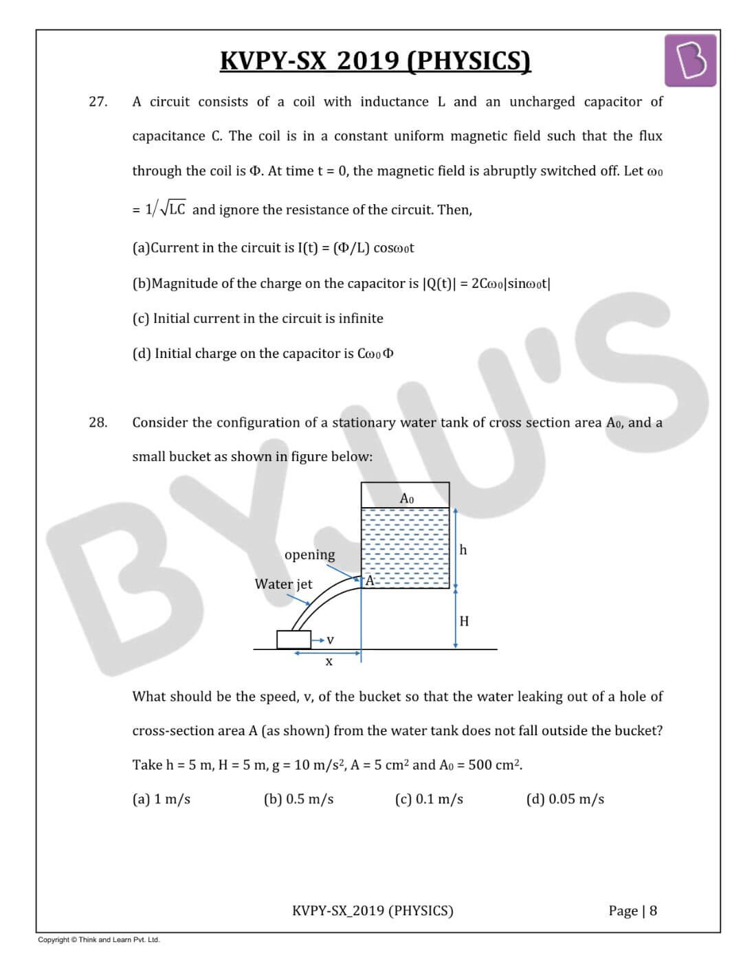 KVPY-SX 2019 Physics Paper with Solutions