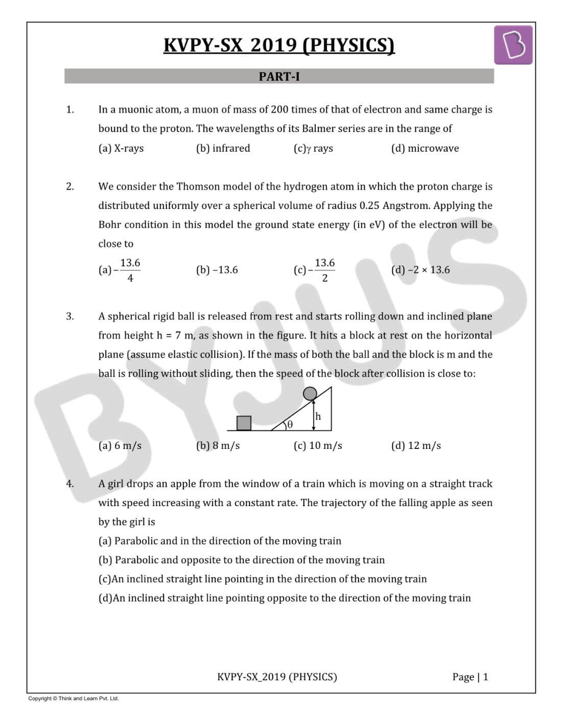 KVPY-SX 2019 Physics Paper with Solutions