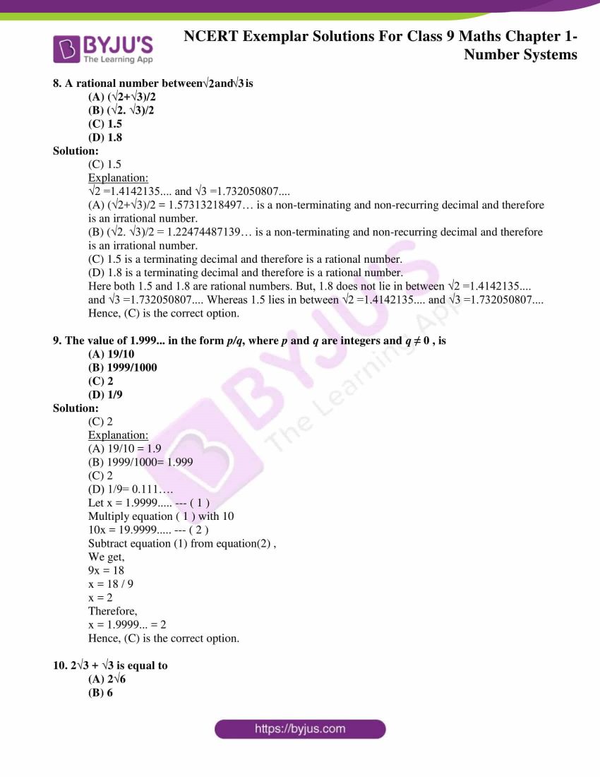 NCERT Exemplar Class 9 Maths Chapter 1 Number System